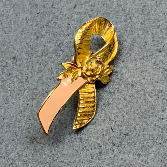 Avon | Jewelry | Avon Bca Pin Brooch Gold Pink Ribbon Rose Flower ...